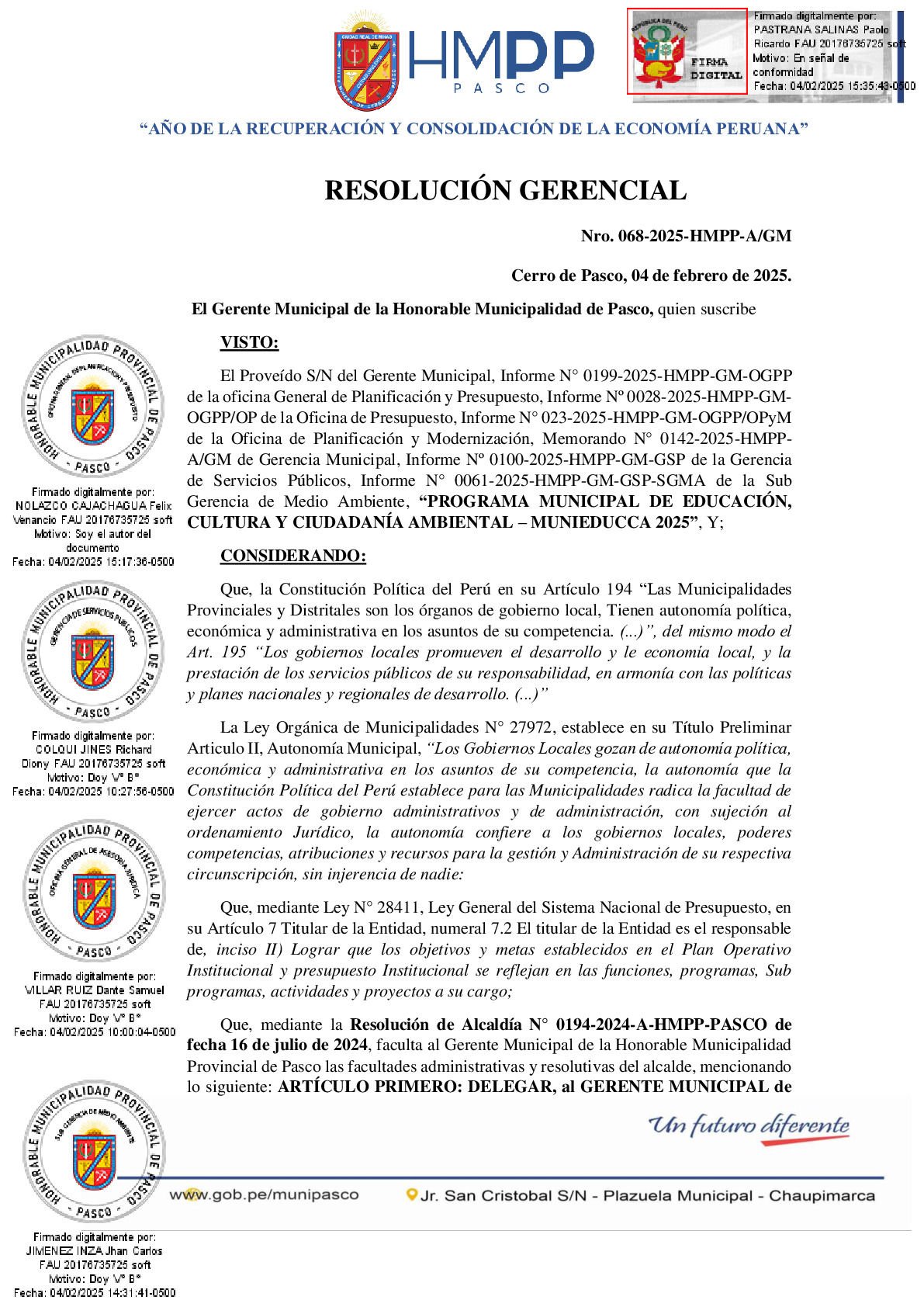 Plan de Trabajo 2025 del Programa Municipal EDUCCA - Pasco | SINIA